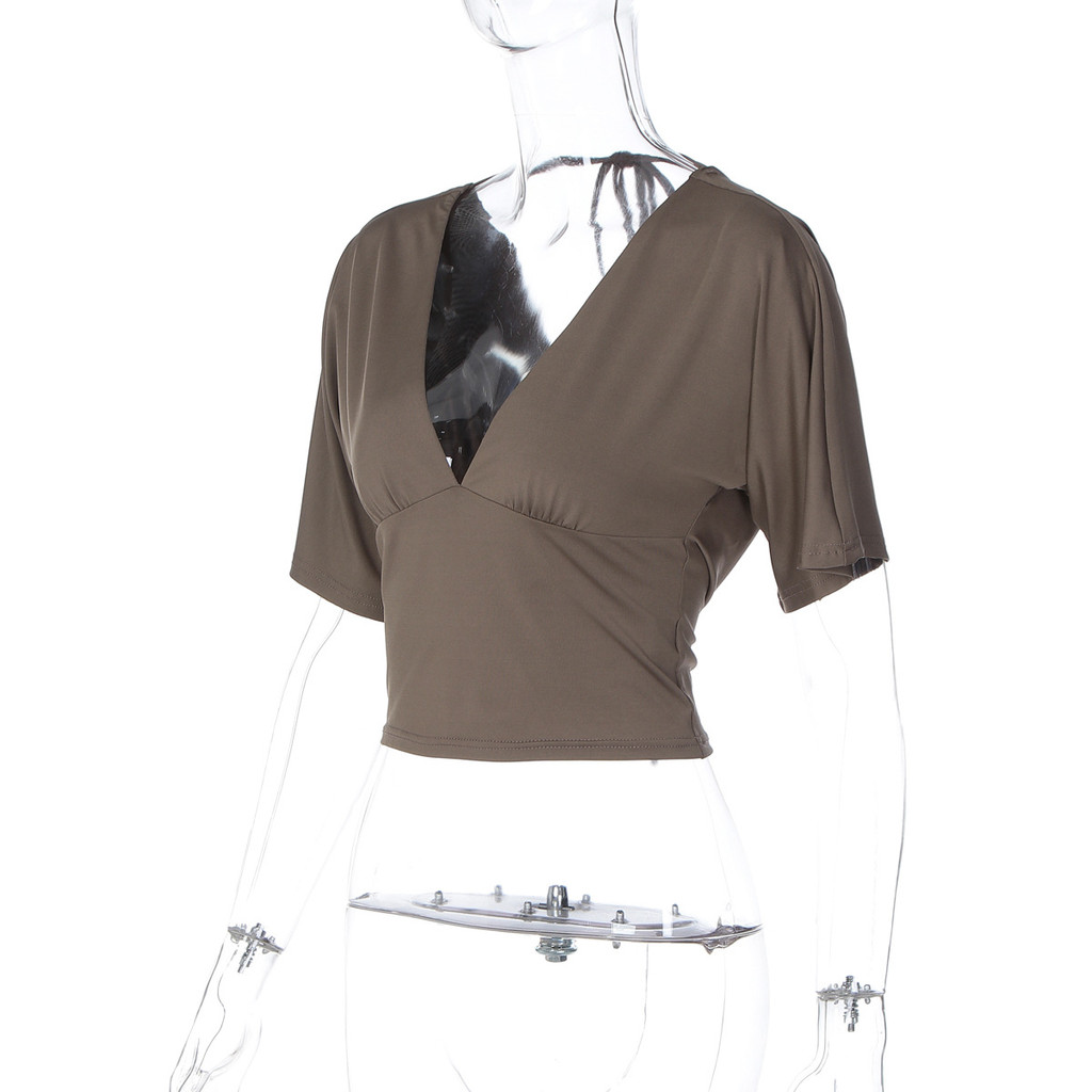 MsMona Women T-shirt 2025 Solid Color V-neck Short Sleeve Crop Top Sexy ...