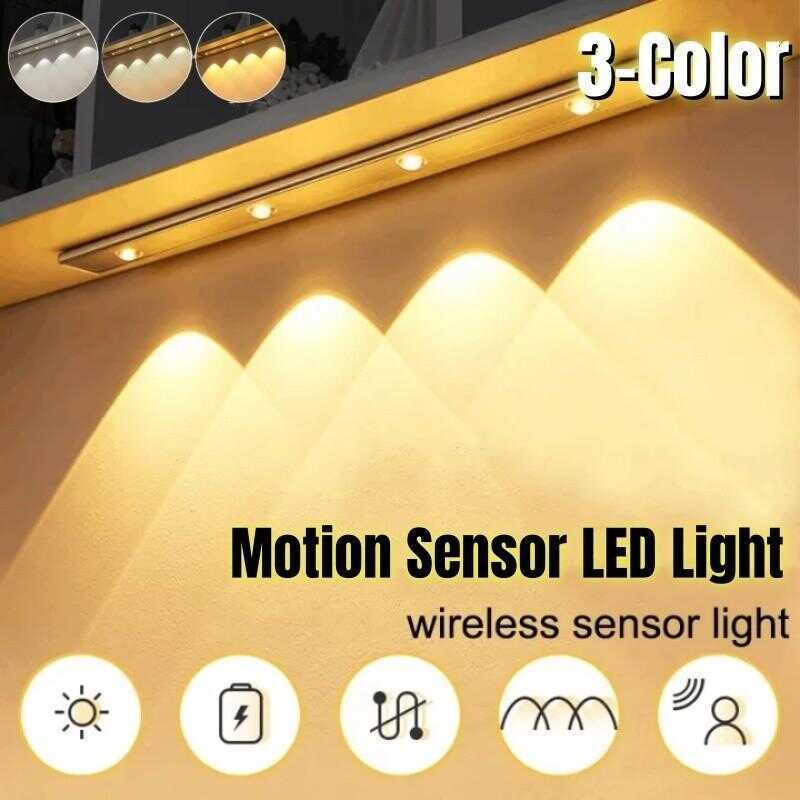 Intelligent Motion Sensor LED Light Strip 3Color Rechargeable Bedroom ...