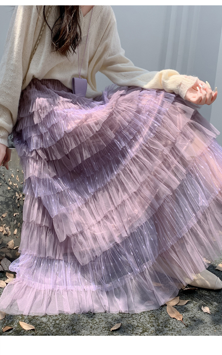 Qooth Elegant Purple Tulle Tiered Skirt Flowy Layered Midi Skirt for ...