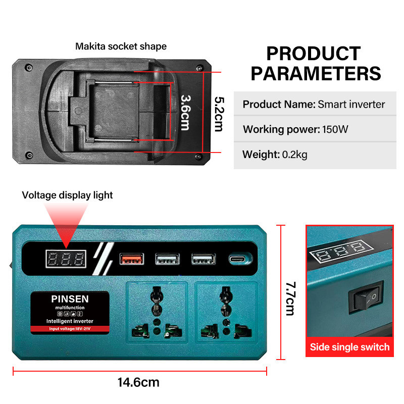 120W/150W Portable Power Inverter W/3USB Type C Port DC 18V To DC 220V ...