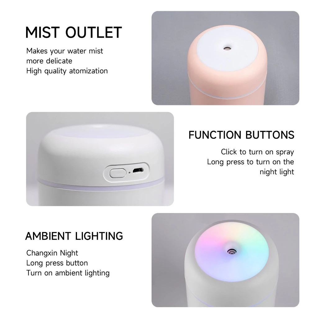 300ml Air Humidifier Purifier - RGB LED Light USB Portable Essential ...