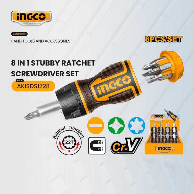Ingco 8 In 1 Stubby Ratchet Screwdriver Set Akisds1728 (Iht) 96E ...