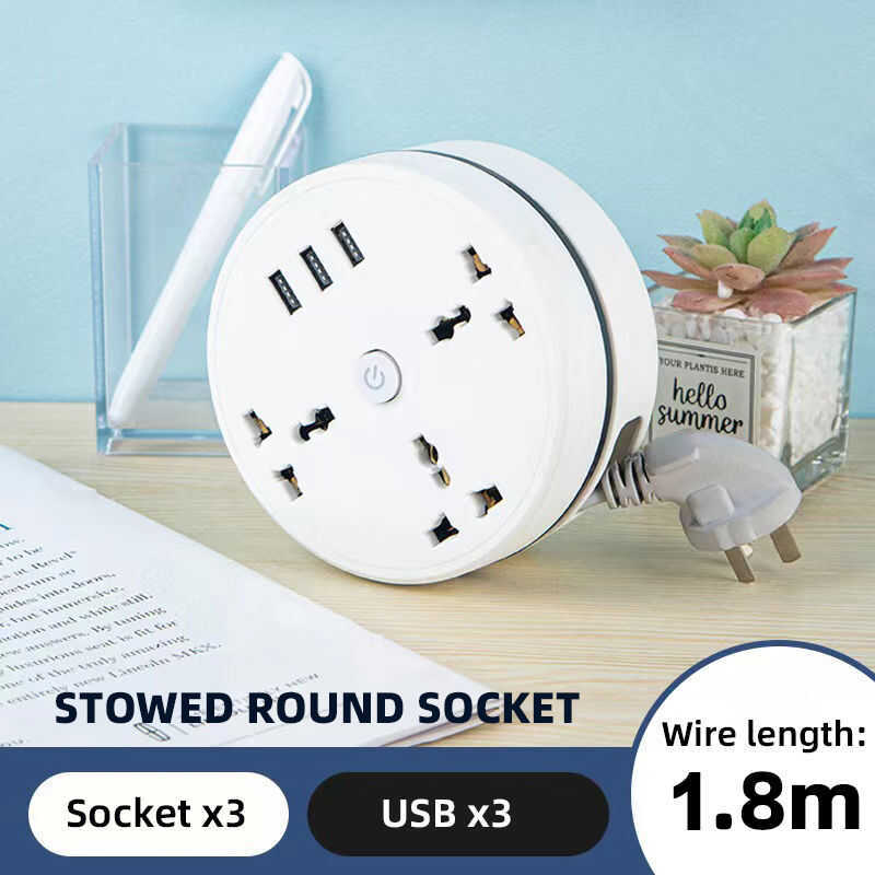 Round Power Socket 3-Pin Plug AC Universal With 3 USB Ports 1.8M Cord ...