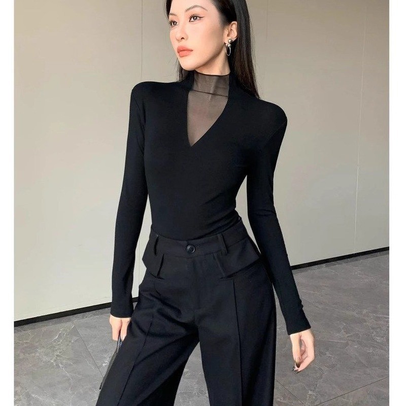 Erroriwear Women 2025 Fashion Blouse Turtle V Mesh Design Long Sleeve ...