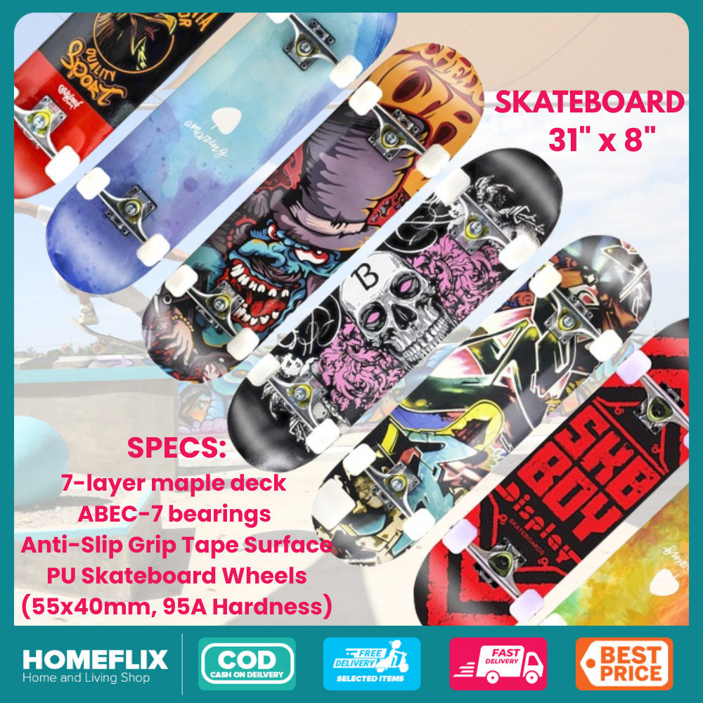 Homeflix Complete Skateboard 31"x8" Full Set for Kids & Adults | Skate ...