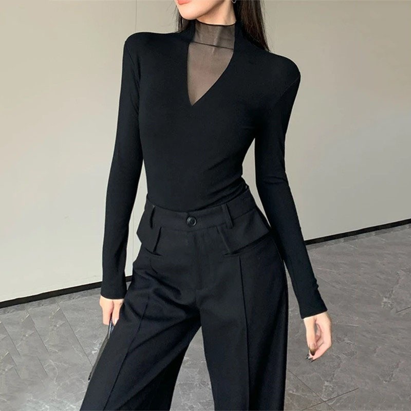 Erroriwear Women 2025 Fashion Blouse Turtle V Mesh Design Long Sleeve ...