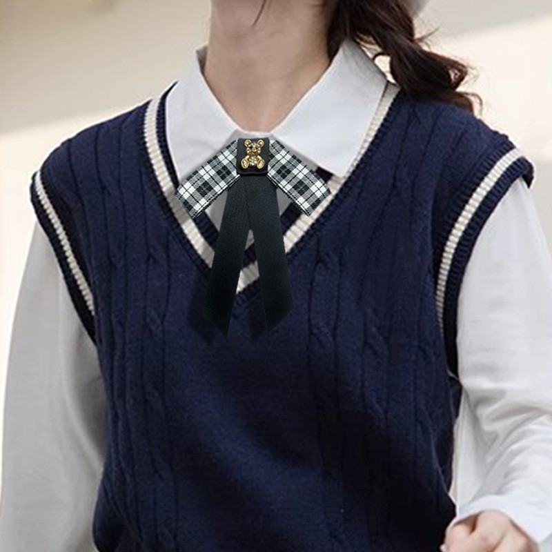 Women's Black Houndstooth Bow Ties with Pin Pre-Tied Cute Little Bear ...