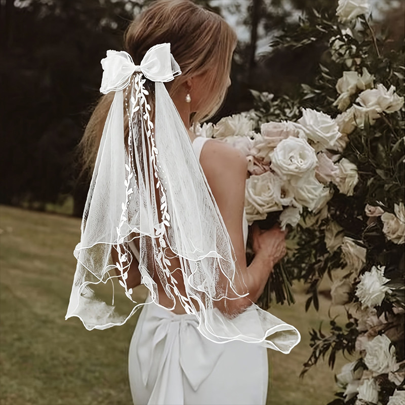 1pc White Bridal Double Edge Veil Wedding Photography Princess Bow Hair ...