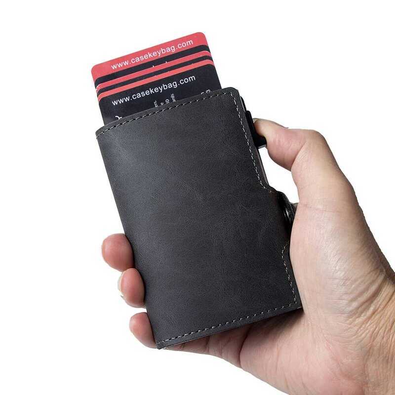 PU Casekey Vintage Leather Slim Wallet RFID Safe Auto-Eject Metal ...