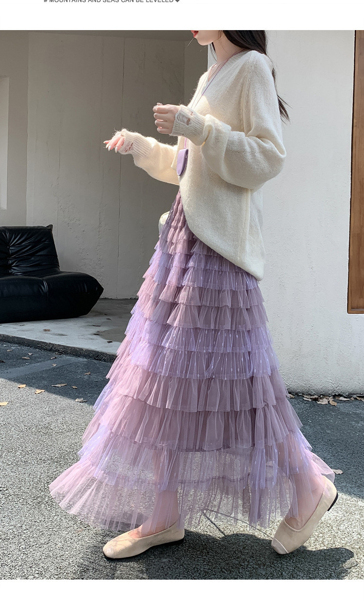 Qooth Elegant Purple Tulle Tiered Skirt Flowy Layered Midi Skirt for ...