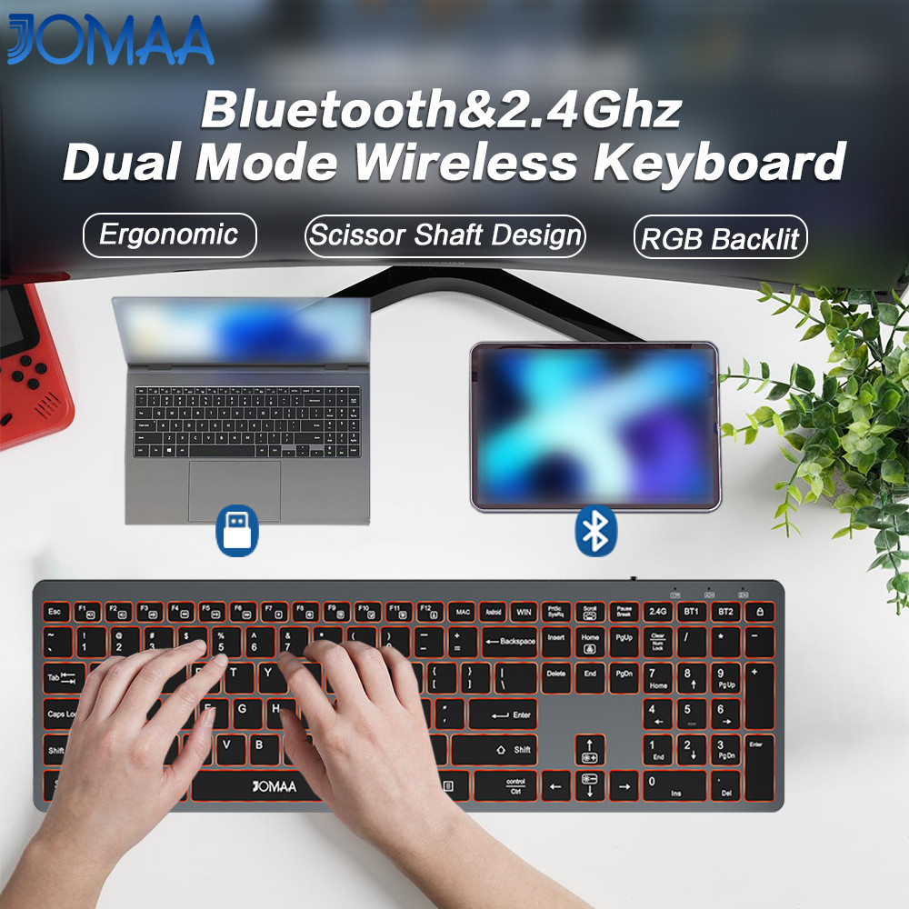 JOMAA Backlit Full Size Bluetooth Keyboard Dual Mode Wireless ...