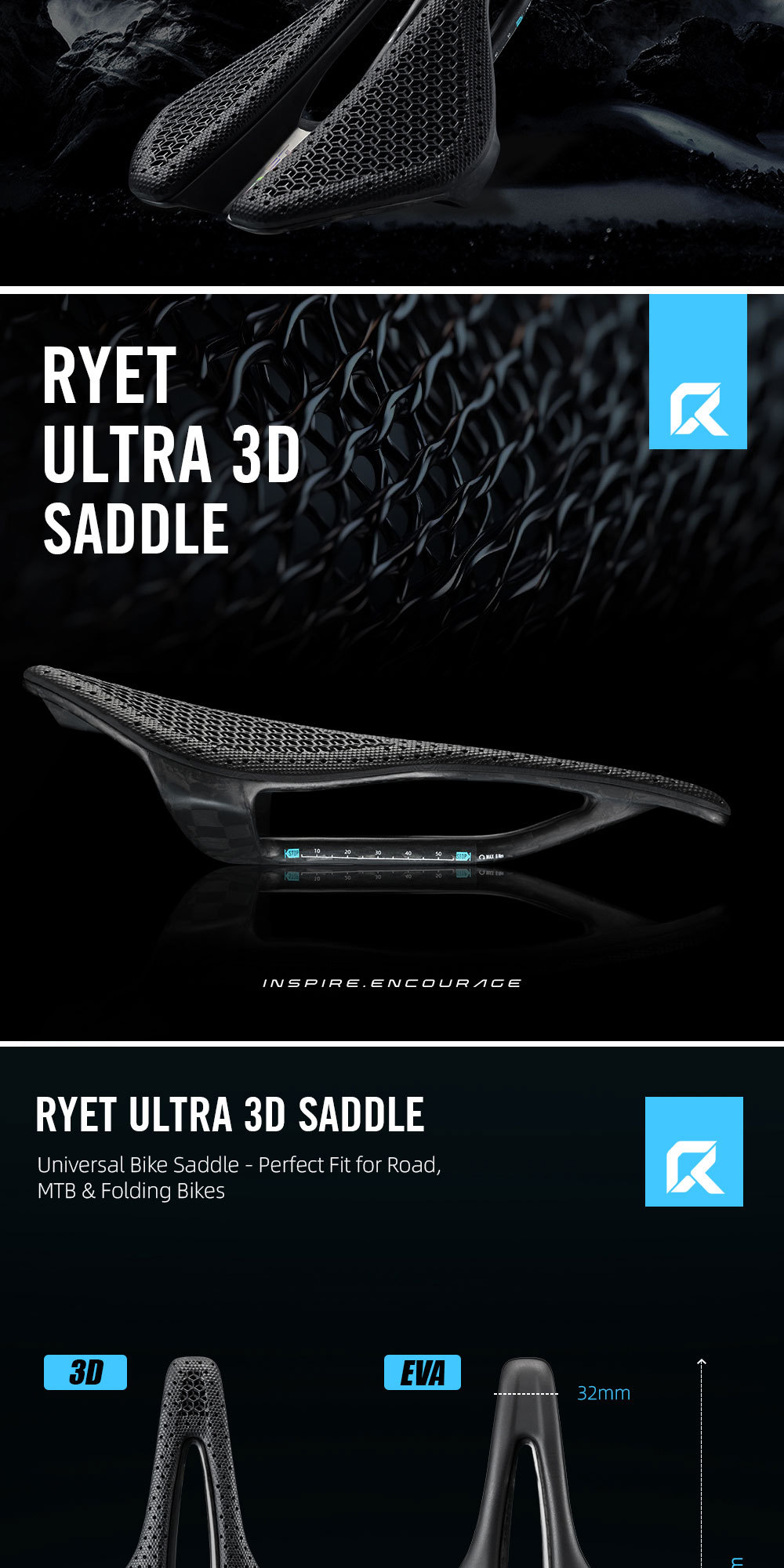 2025 RYET Ultra Lightweight 97g Full Carbon Bike Saddle, 3D Printed / High Density Foam for Road ...