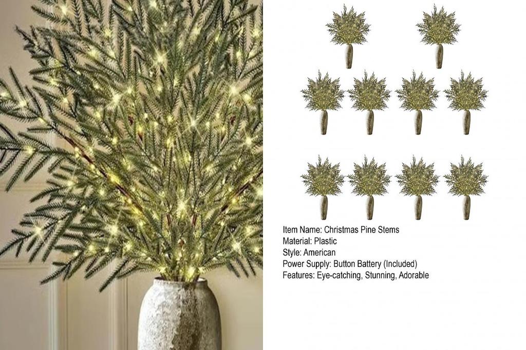 Christmas Pine Stems Party Decorations Pine Stems 10 Pcs Pre-lit ...