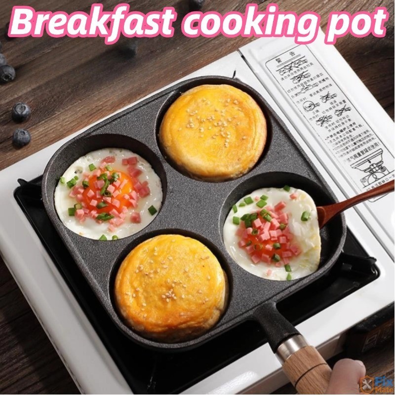 4-Hole Frying Pan Wooden Handle Non Stick Breakfast Cooking Burger Egg ...