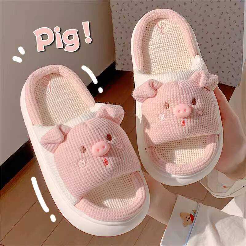 Cute Pig Slippers Women All-Season Universal Thick Sole Home Cotton ...