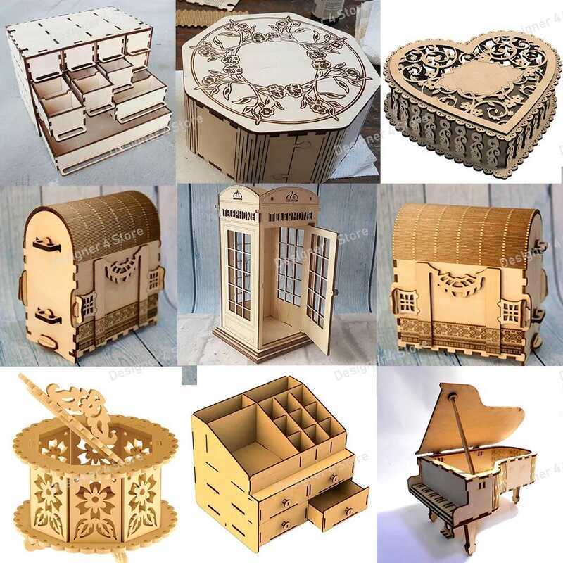 300Pcs 1 5C Wood Boxs Storage Drawing Laser Cut Vector Design CDR DXF ...