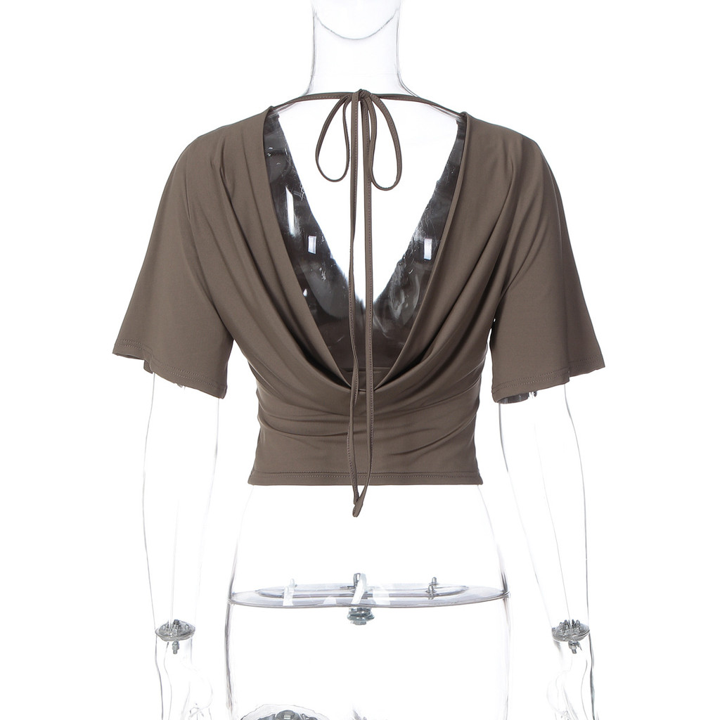 MsMona Women T-shirt 2025 Solid Color V-neck Short Sleeve Crop Top Sexy ...