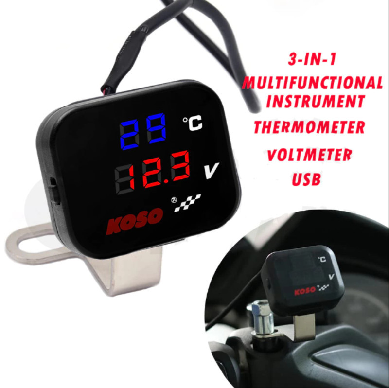 KOSO 3 IN 1 Digital LED Volt Meter Motorcycle Voltmeter Outdoor ...