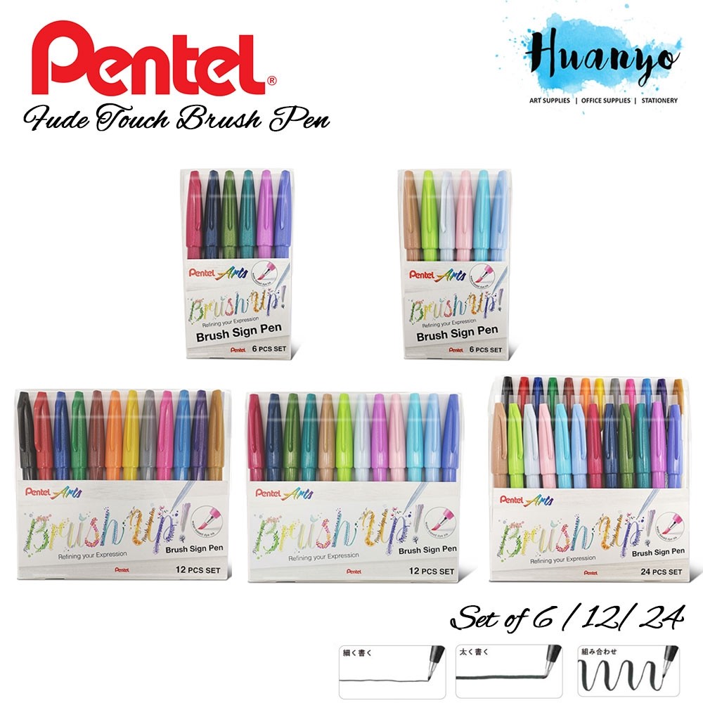 Pentel Fude Touch Brush Sign Pen Colour (Wallet Set of 6 / 12 /24 Color ...