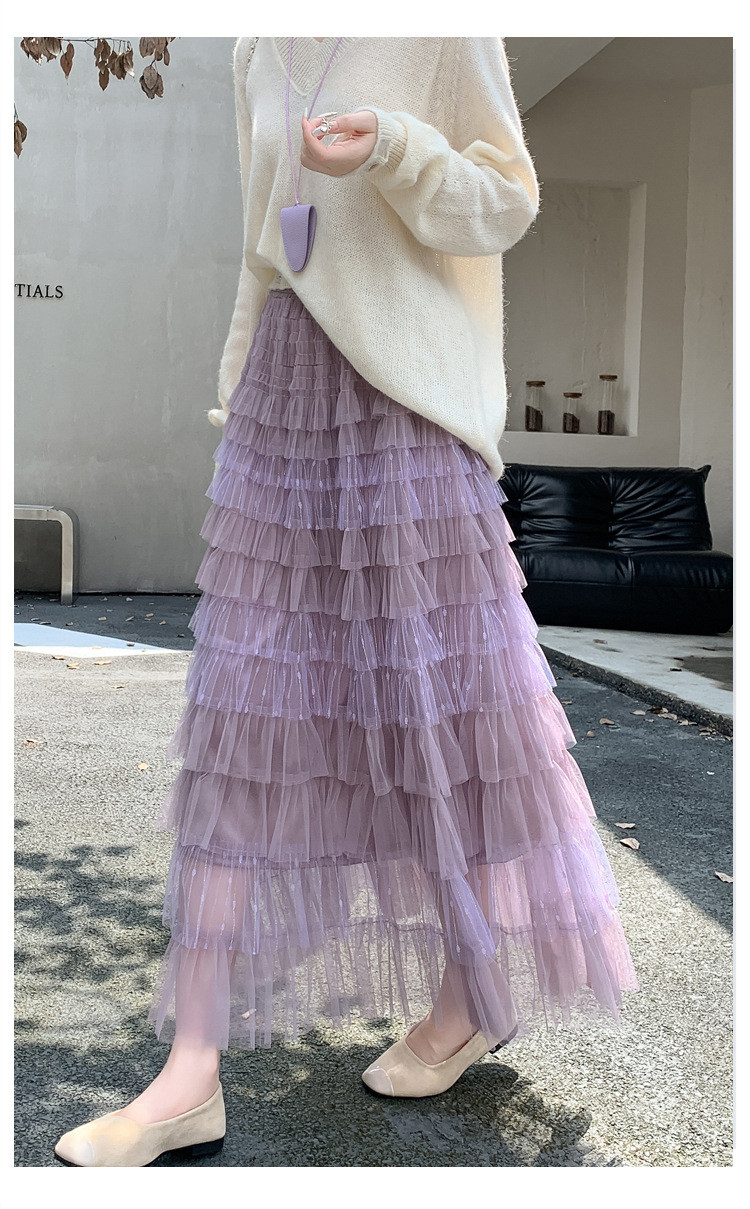 Qooth Elegant Purple Tulle Tiered Skirt Flowy Layered Midi Skirt for ...