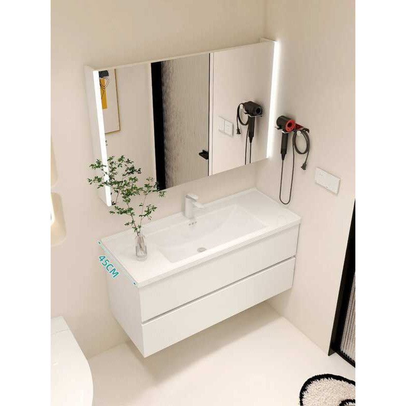 Small Bathroom with Ceramic Integrated Basin, Narrow Cabinet, Washstand ...