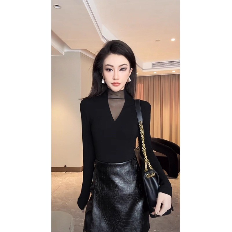 Erroriwear Women 2025 Fashion Blouse Turtle V Mesh Design Long Sleeve ...