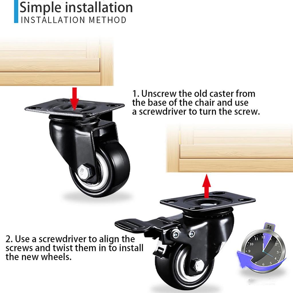 4PCS Caster Wheels Flat-bottomed Brake Casters Office Chair Roller for ...