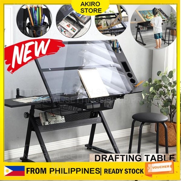 Drafting table adjustable height tilting with drawers stool pen holder ...