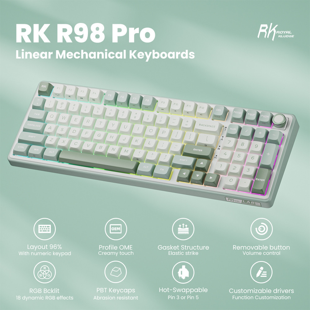 Royal Kludge RK R98Pro Sky Cyan 98 Key RGB Wired With Knob Mechanical ...