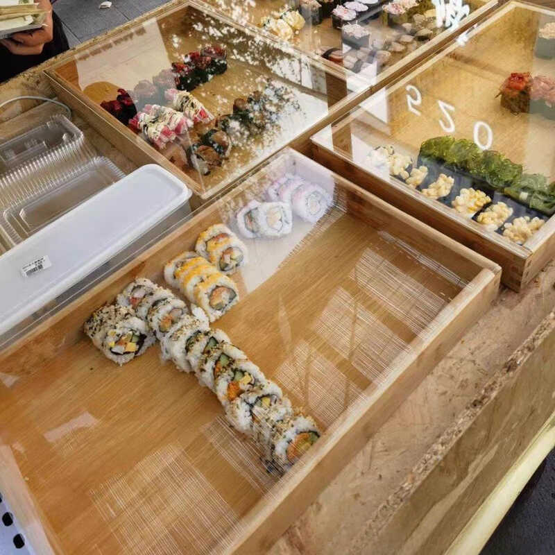 Sushi Display Tray with Transparent Lid, Insulated Stall Tray, Wooden ...