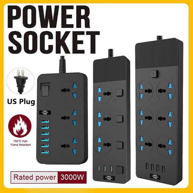 US Plug 3000W Extension Sockets Power Strip With USB Ports Jacks ...