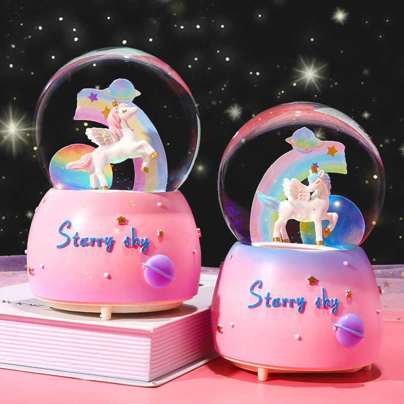 Girlish Unicorn Crystal Ball Music Box Ornament Snow Cartoon Rainbow ...