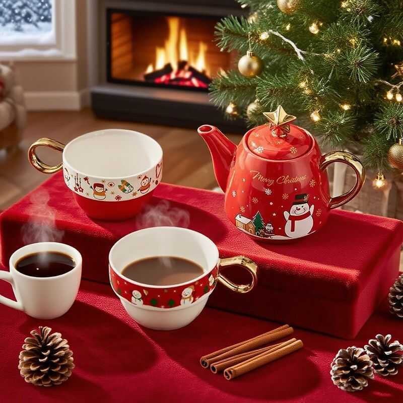 Christmas Teaware Sets Ceramic Teapot Teacups Set Gold Plated Handle ...