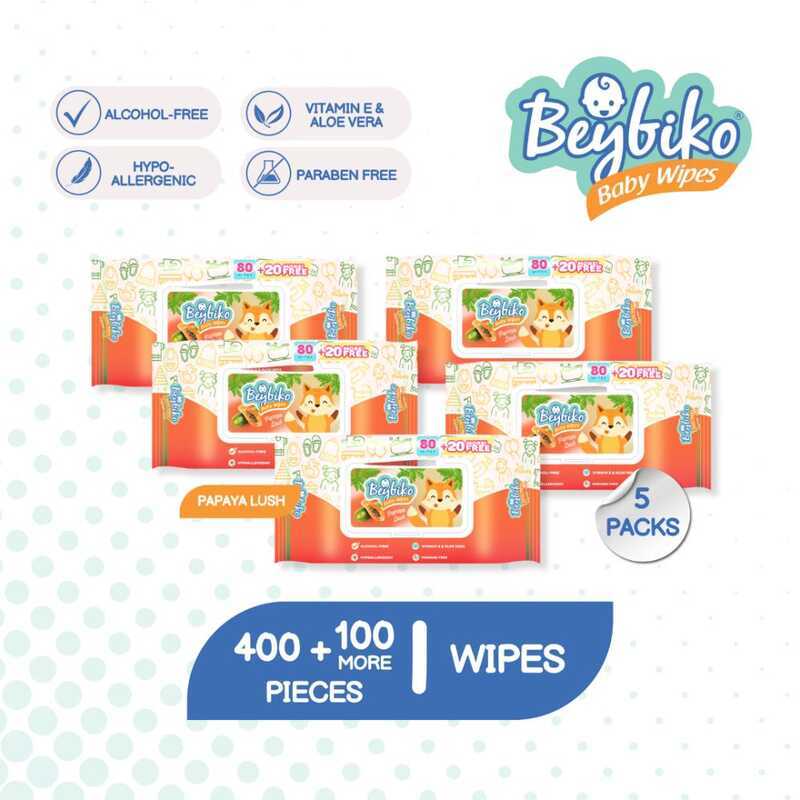 Beybiko Baby Wipes Papaya Lush 80 Sheets + 20 Free X 5 Pack 312 ...
