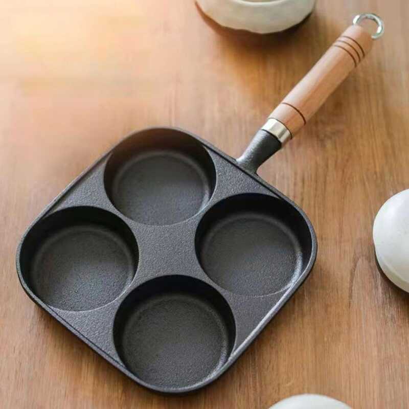 {Mojie No.1}4-Hole Frying Pan Wooden Handle Non Stick Egg Hamburg Bread ...