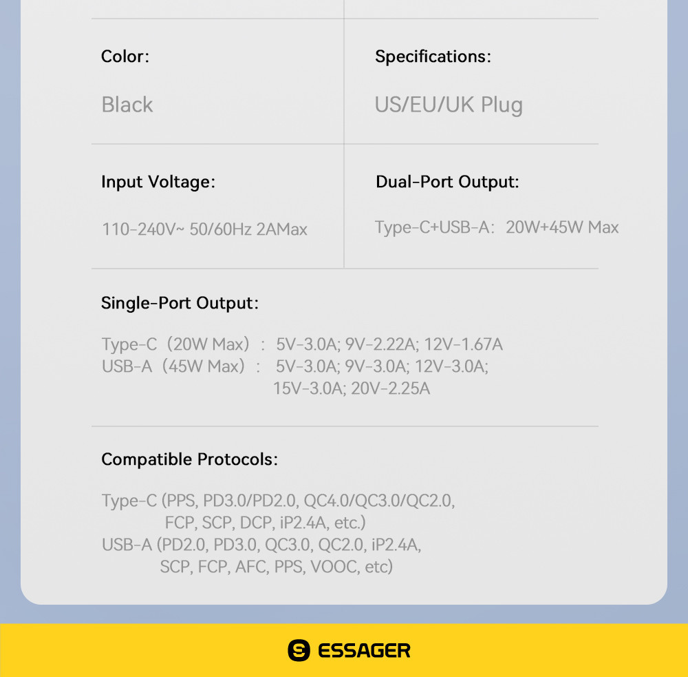 Essager A+C 65W super flash charge US/EU Plug Black Suitable For ...