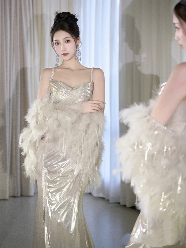 High-end Light Luxury Light Gold Evening Gown Morning Gown 2025 New ...