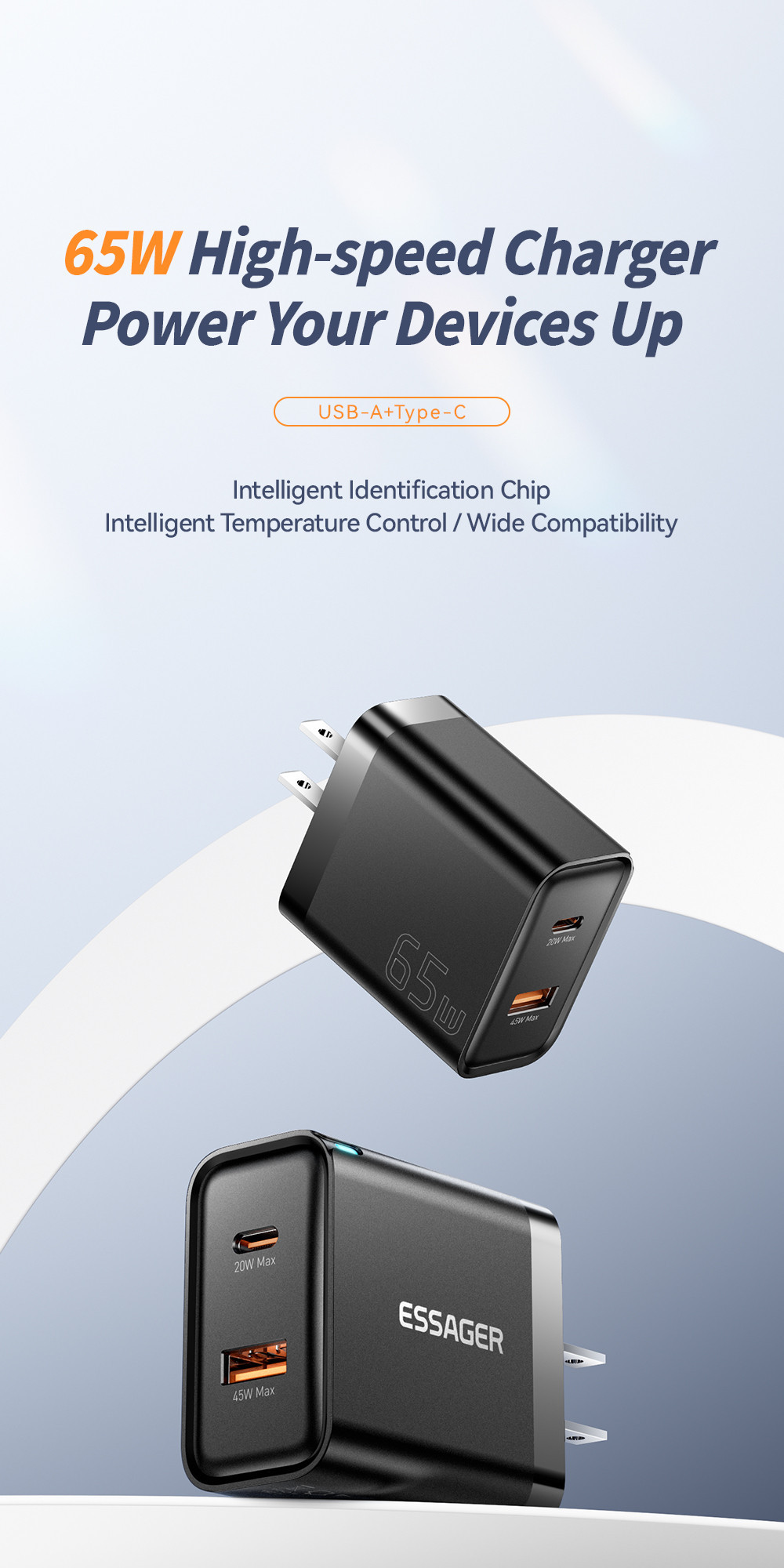 Essager A+C 65W super flash charge US/EU Plug Black Suitable For ...
