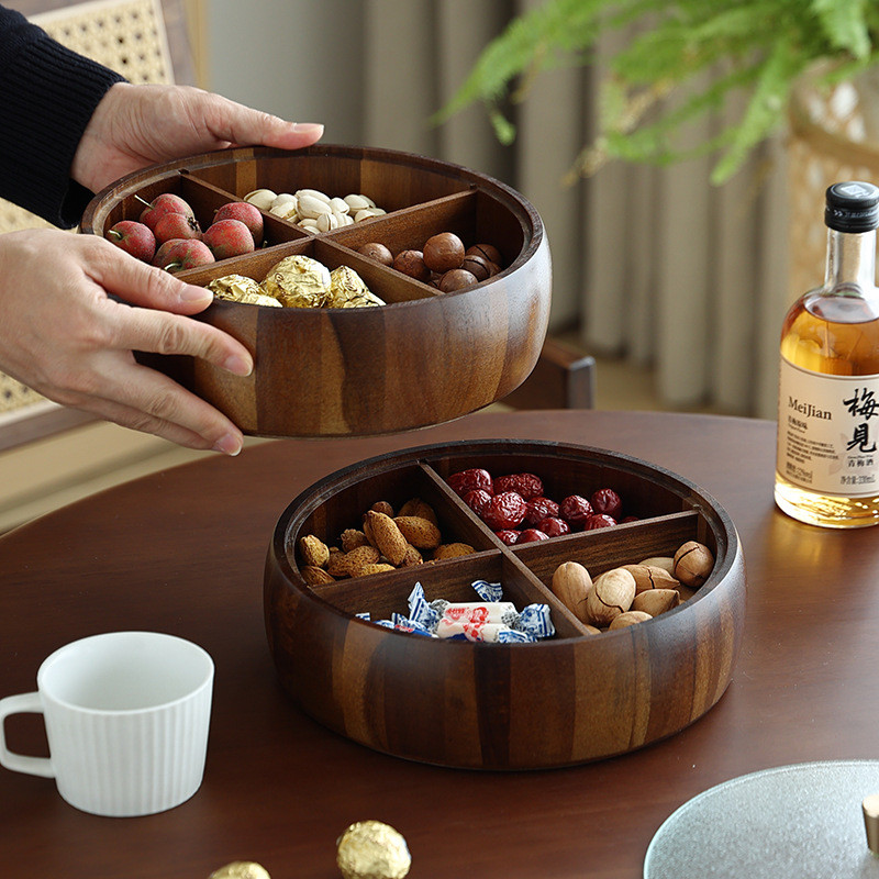 2026 New Year Round Acacia Wood Candy Box With Compartments Nut Box ...