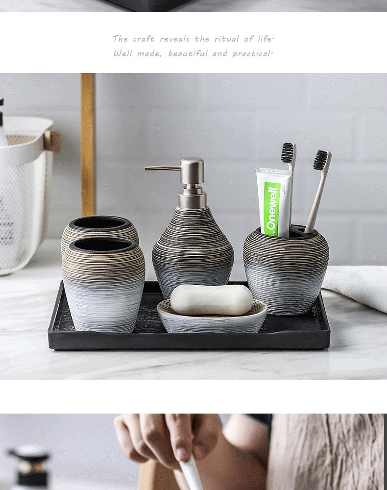 Vintage Brushed Bathroom Wash Set Handmade Ceramic Five-Piece Bathroom ...