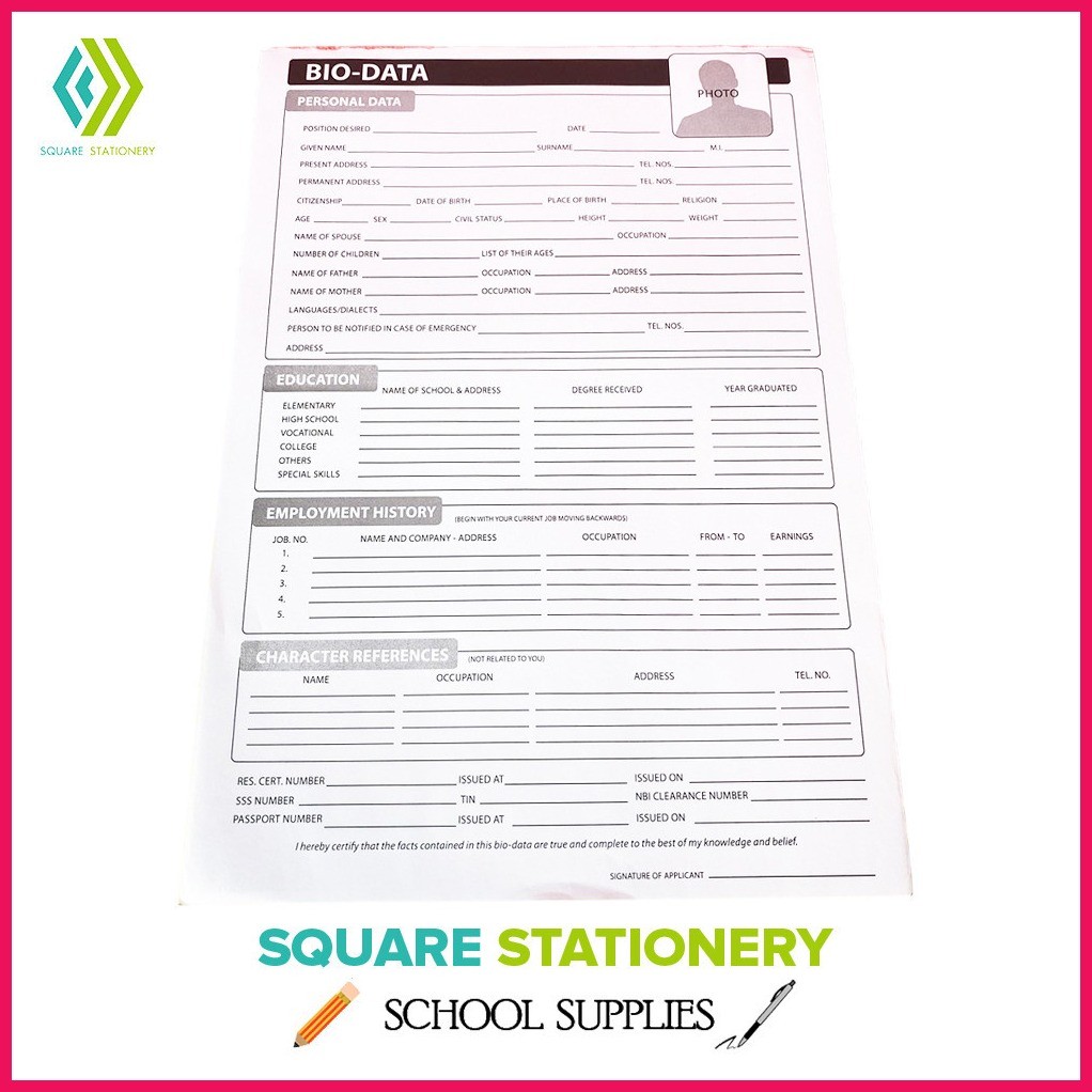 ♒ Square Stationery Bio-Data Application Form Sheets Good Quality White ...