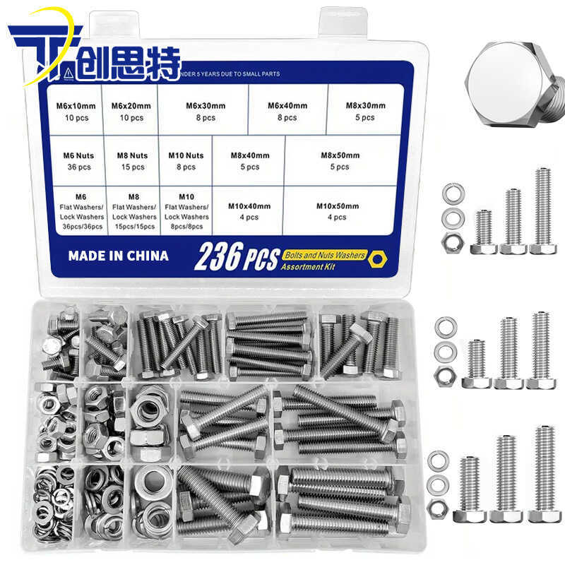 236 Pieces 304 Stainless Steel Hexagon Screw Nut Kit M6M8 Bolt Nut ...