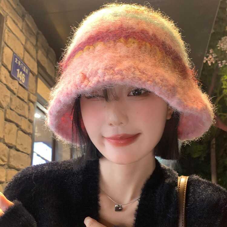 Dopamine Color Matching Striped Plush Knit Bucket Hat Women 2024 Autumn ...