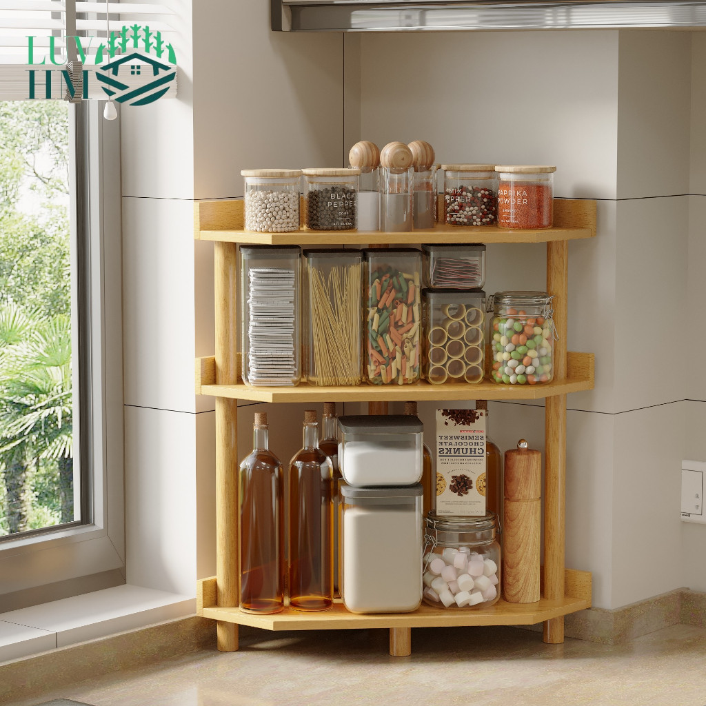 Solid Wood Corner Shelf 2/3/4/5 Layer Kitchen Condiments Organizer ...