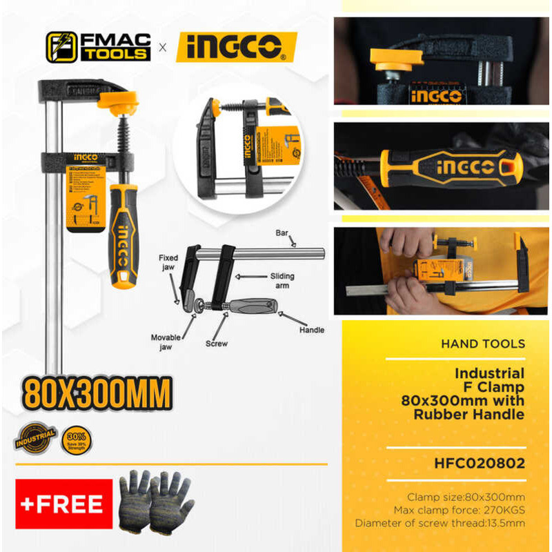INGCO Industrial F Clamp 80X300mm With Rubber Handle Hfc020802 ...