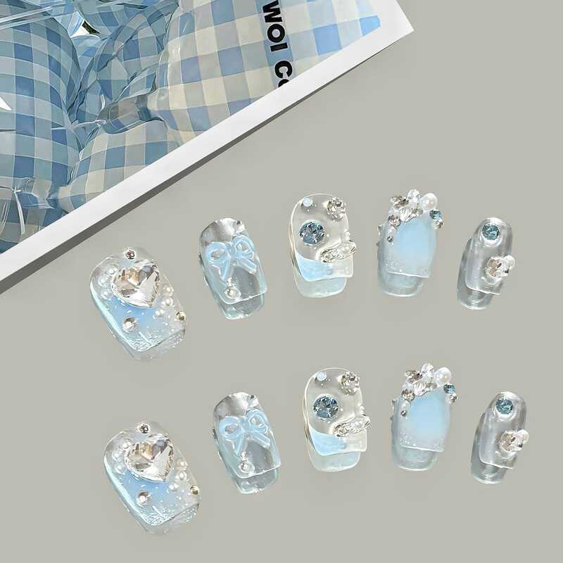 Handmade [Glass Blue] Short Blue Smudge Ice Transparent High-grade Gem ...