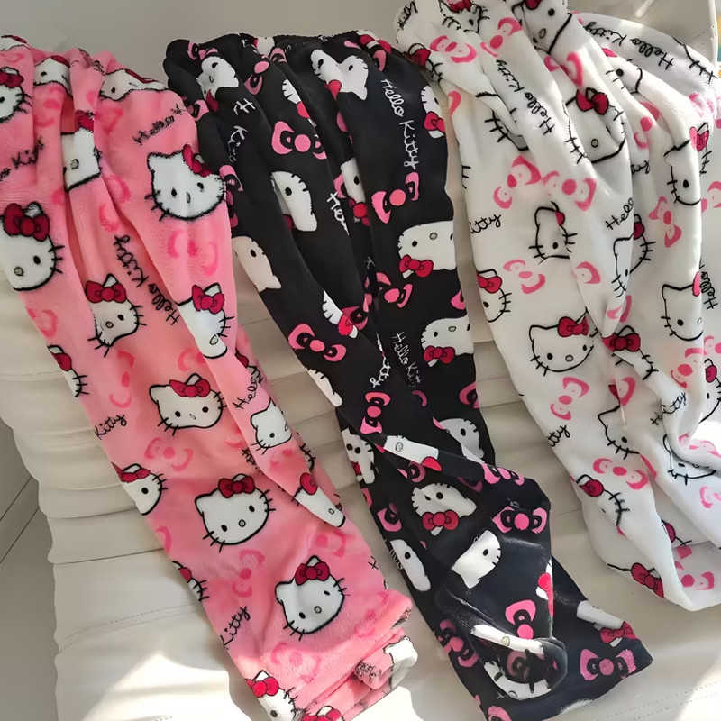 2PCS Hello Kitty Pajama Top Pant Set Cartoon Cute Flannel Thick Long ...