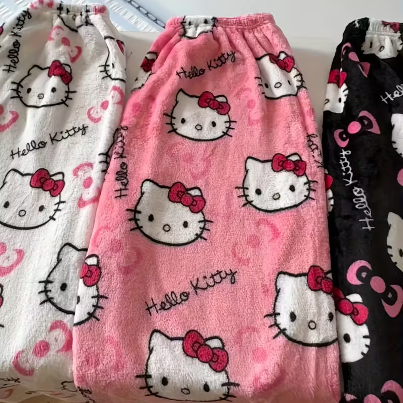 2PCS Hello Kitty Pajama Top Pant Set Cartoon Cute Flannel Thick Long ...