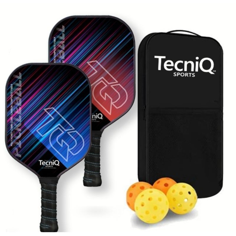 TecniQ Sports Pickleball Beginner Set 2 Carbon Fiber Paddles, 2 Outdoor ...