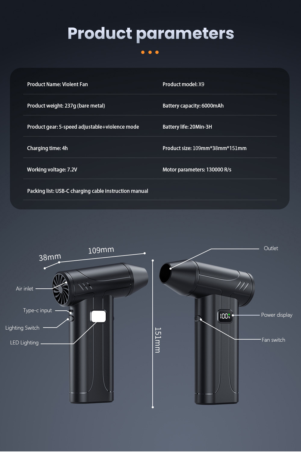 X9 Turbo Jet Fan 130000RPM Mini Electric Air Duster 3 Gear Portable ...